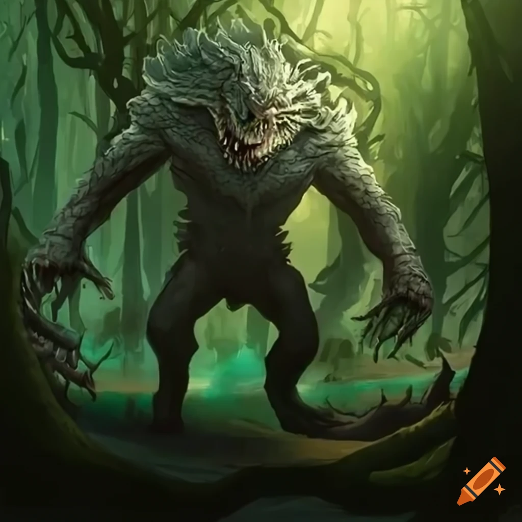 Fantasy scene of a giant monster attacking players in a forest on Craiyon