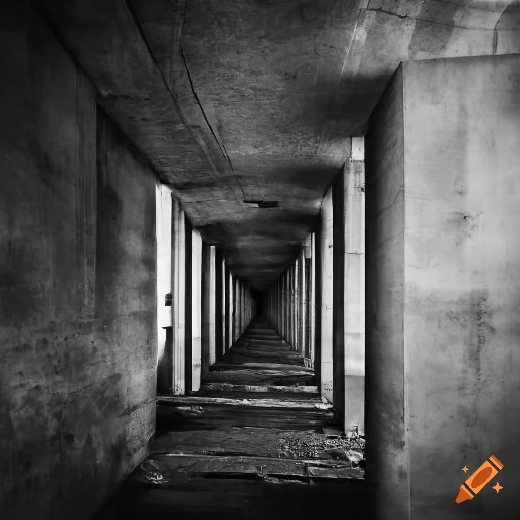 Brutalist concrete megastructure in black and white photography on Craiyon