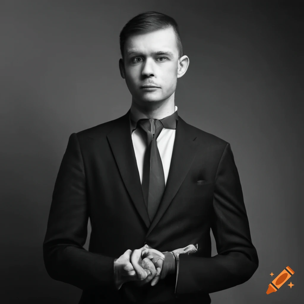 Charismatic russian man in black suit in black and white photo on Craiyon