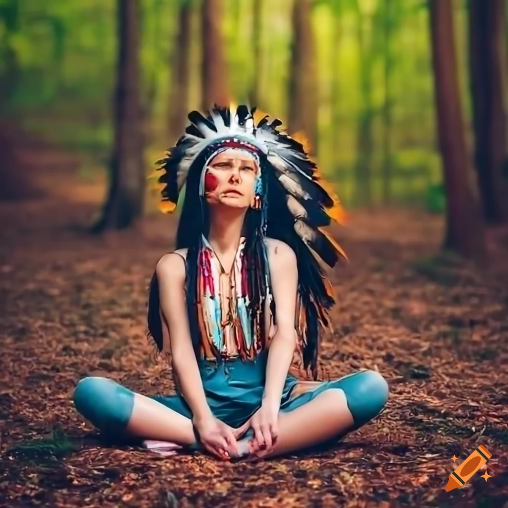 Young Native American woman in headdress at ceremonial gathering taking ...