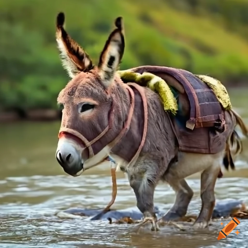 Donkey wading in river with its owner, a poor man on Craiyon