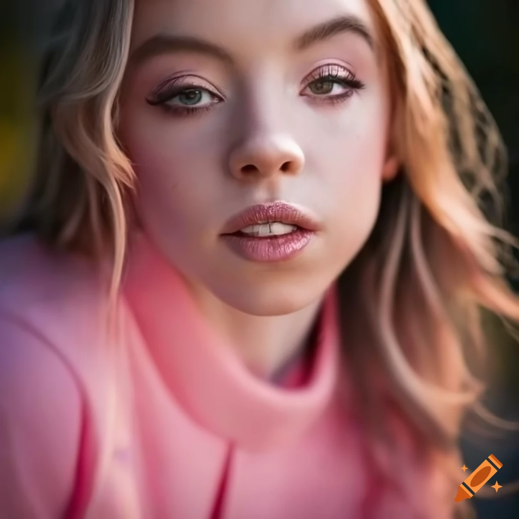 Portrait of sydney sweeney in a pink outfit on Craiyon