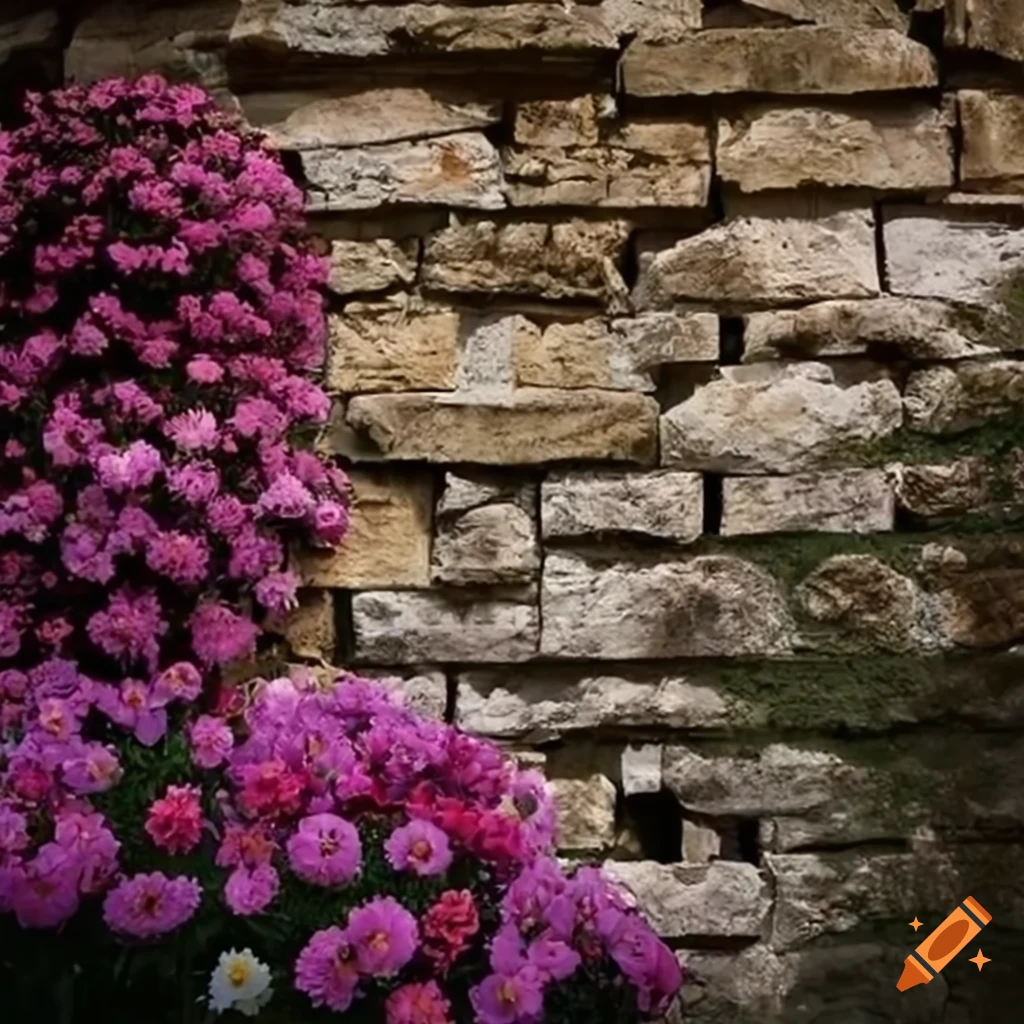 Spring flowers on a stone wall on Craiyon