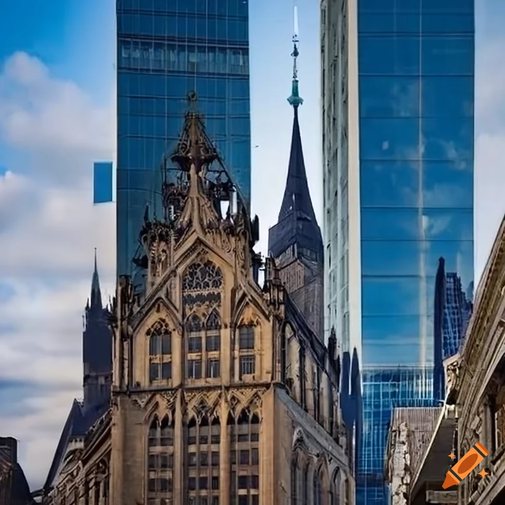 Historic gothic 29 floor skyscraper surrounded by modern tall buildings ...