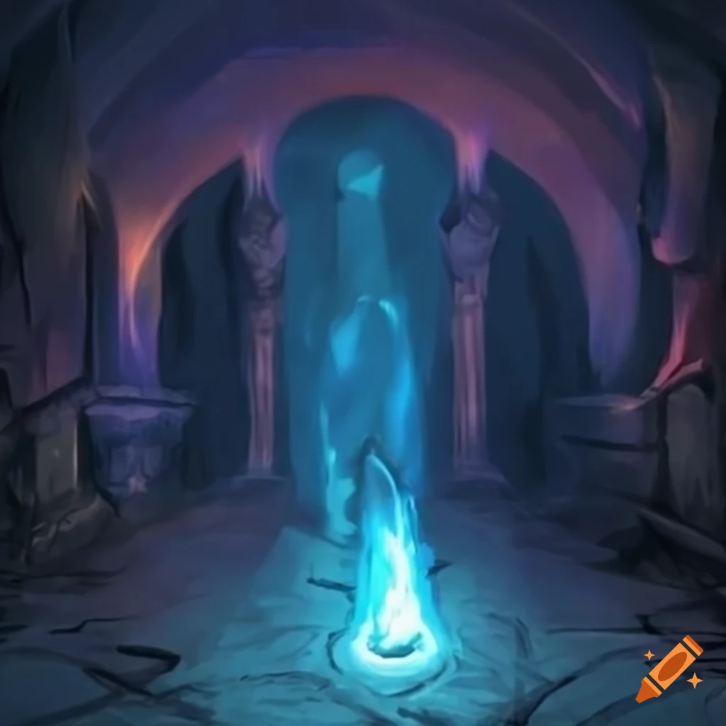 Blue flame torch in a dimly lit dungeon on Craiyon