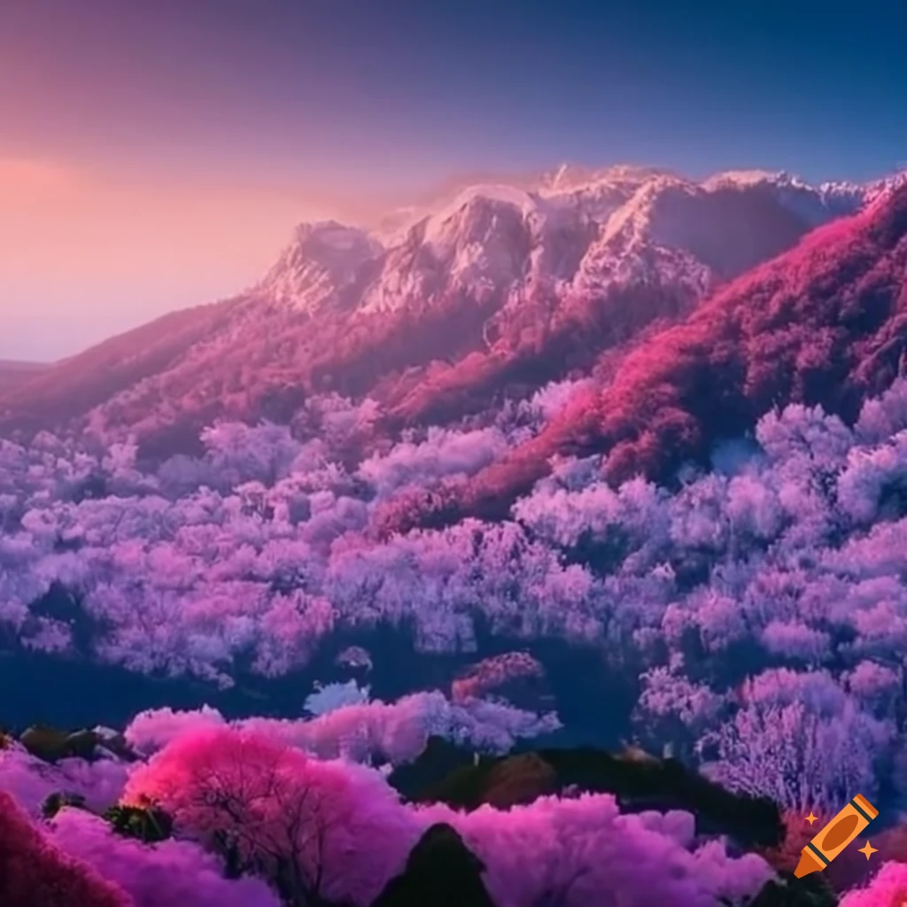 Romantic cherry blossom trees cascading on a mountain peak on Craiyon