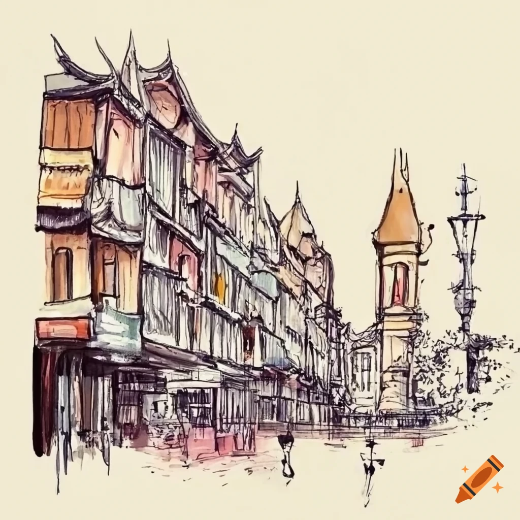 Nanyang-style architectural bazaar in hand-painted style with rich ...