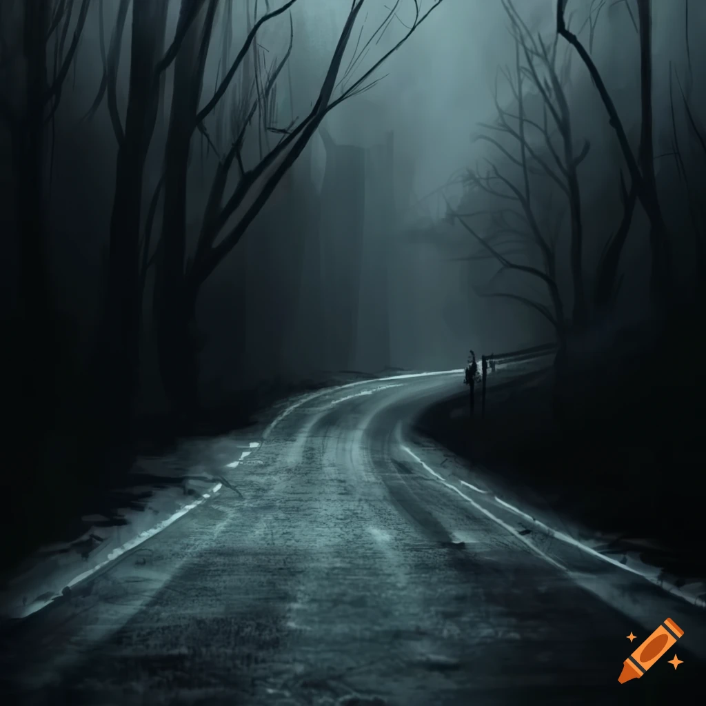 Dark and gloomy road drawing on Craiyon