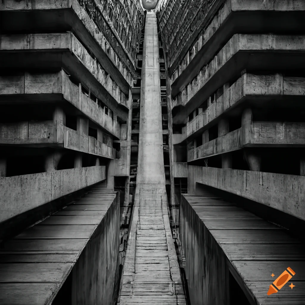 Dark photorealistic monochrome brutalist concrete megastructure with symmetry on Craiyon