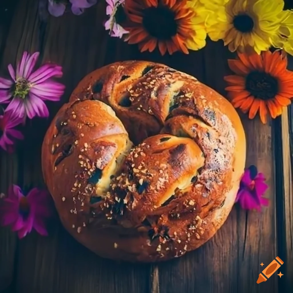 Colorful bread surrounded by flowers on Craiyon