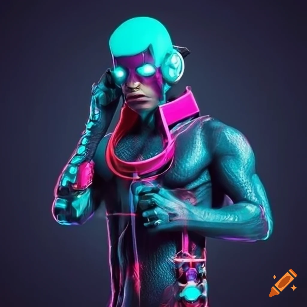 Neon cyberpunk superhero with earphones on Craiyon