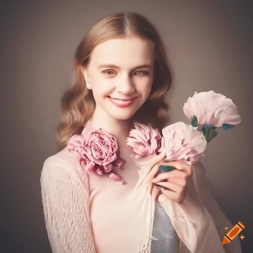 Smiling russian woman holding pink and blue flowers on Craiyon