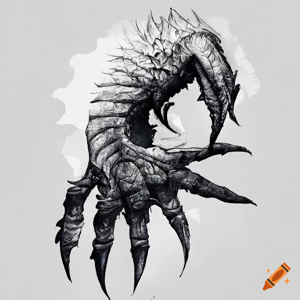 Black and white drawing of a dragon's hand with sharp claws emerging ...