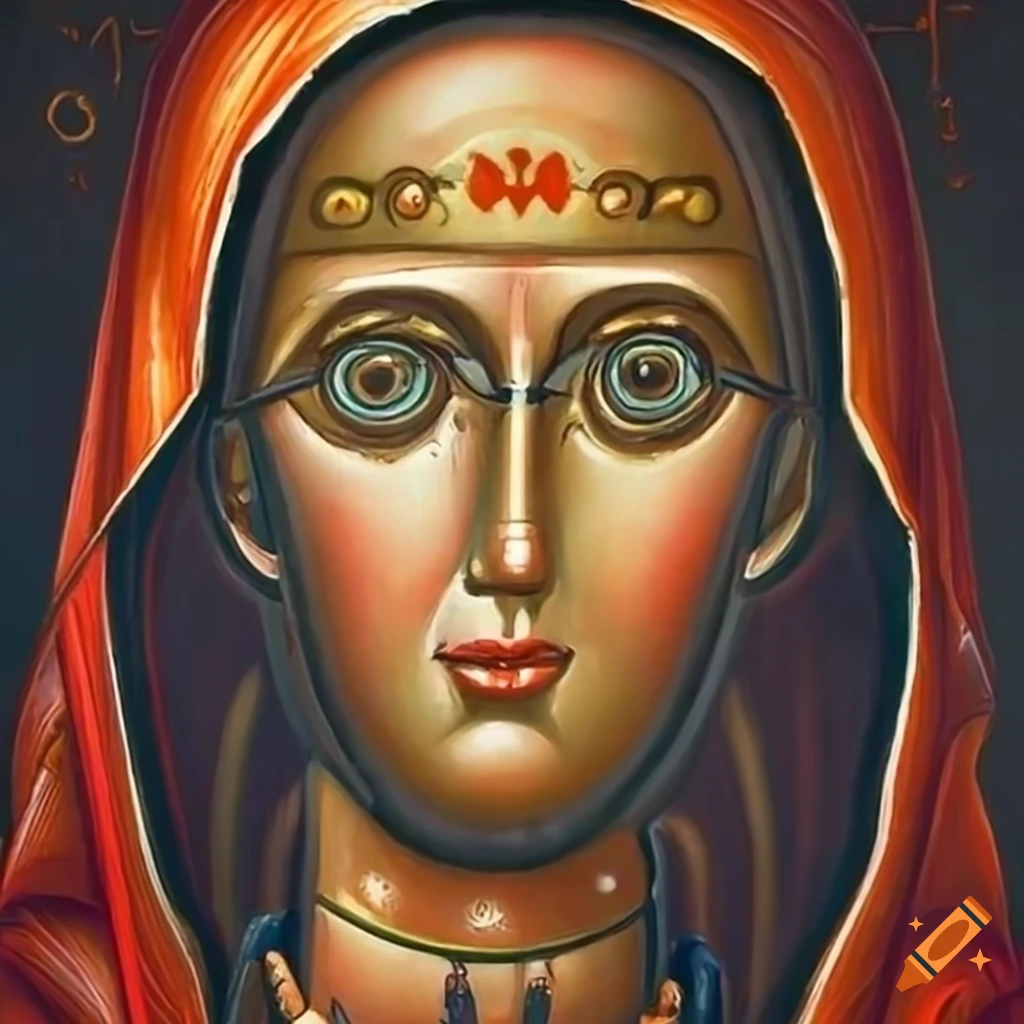 Religious portrait of a female robot in orthodox icon style on Craiyon