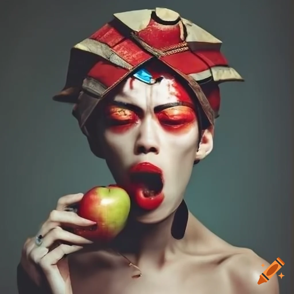 Shogun balancing an apple on his head on Craiyon