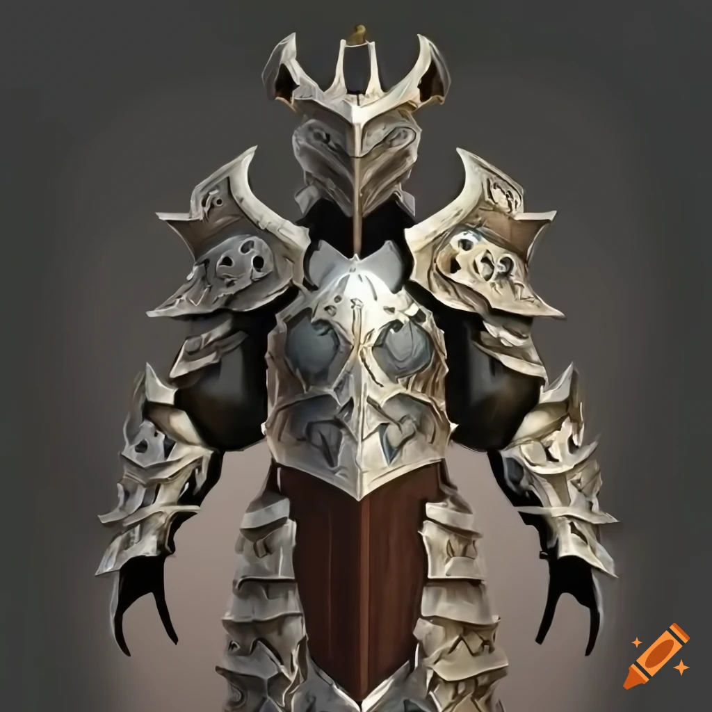 Mythic shiny master armor made of steel in a symmetrical front view on Craiyon