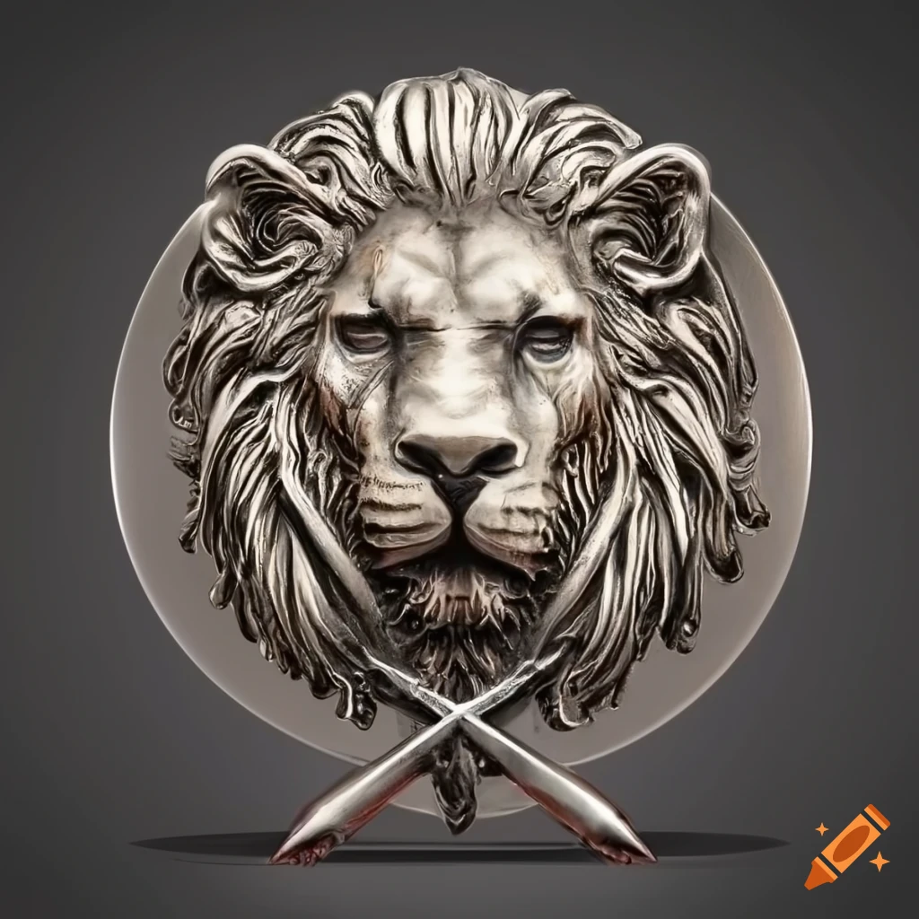 Lion head and crossed swords embossed into a silver disc on Craiyon