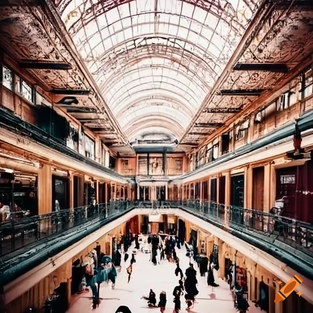 Victorian-style shopping center inside a factory with many people on ...