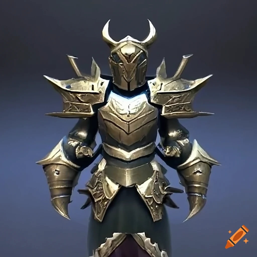Mythic shiny fantasy master armor made of steel with front view on Craiyon
