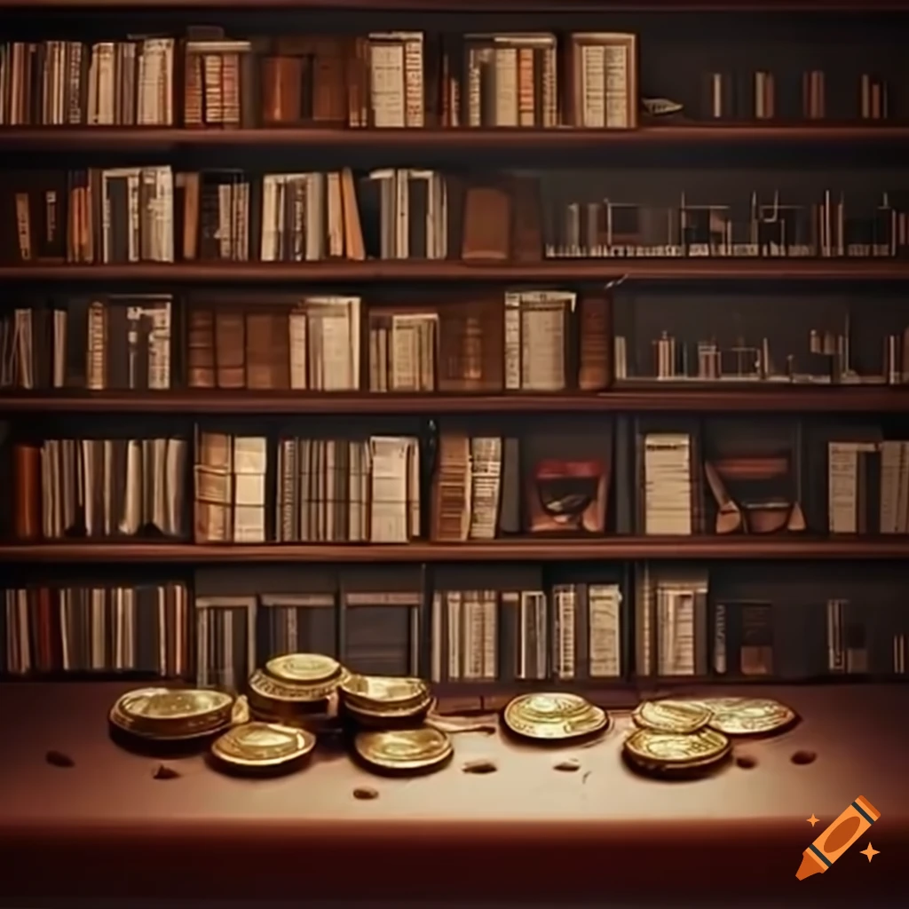 Coffee coins turning into books on a library's bookshelf on Craiyon