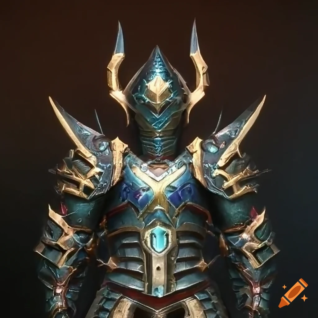 Mythic shiny steel fantasy master armor with front view and symmetrical design on Craiyon