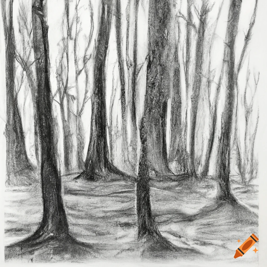 Trees in the forest in a charcoal drawing on Craiyon