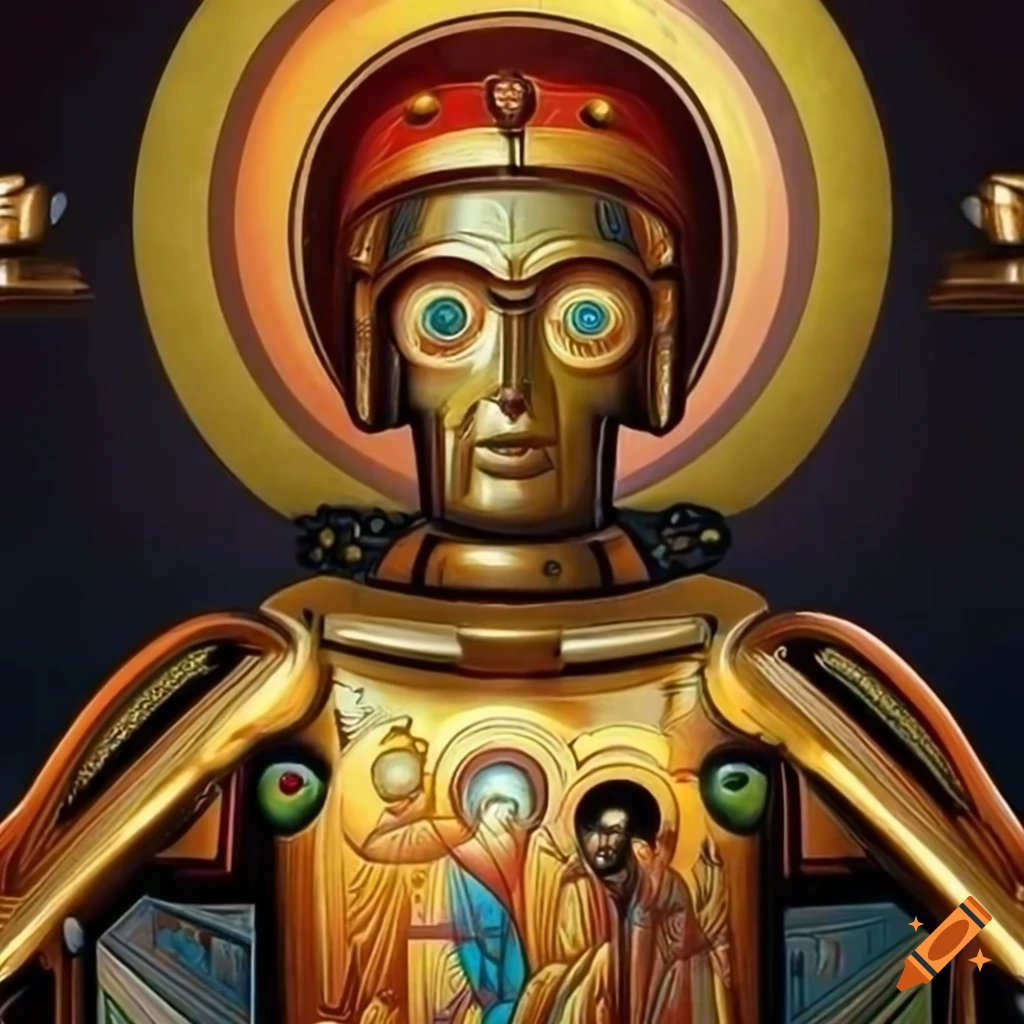 Metropolis robot depicted in a greek orthodox icon with gold leaf on ...