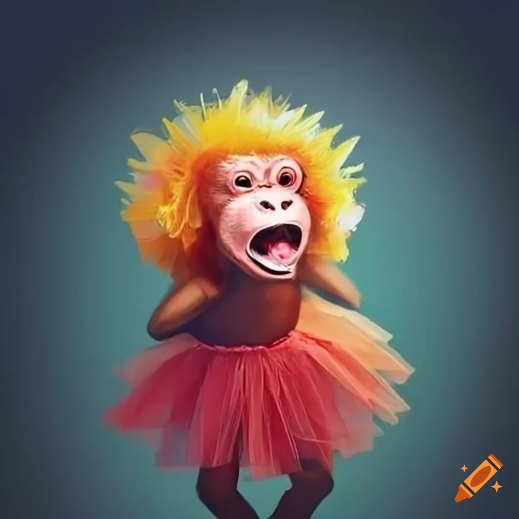 Playful monkey spirit animal in wig and tutu skirt dancing and laughing while painting a wall on ...