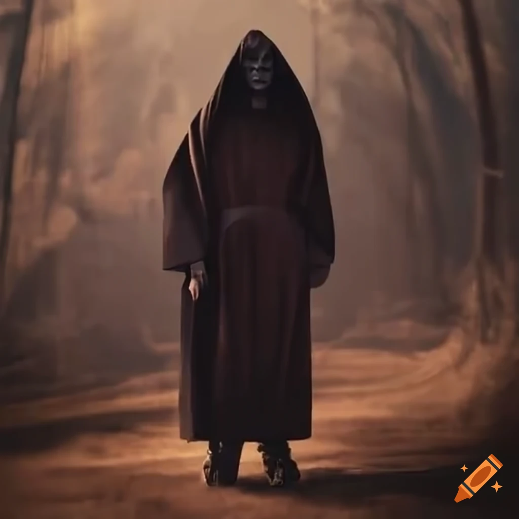 Robot in a dark brown robe walking on a dirt road on Craiyon