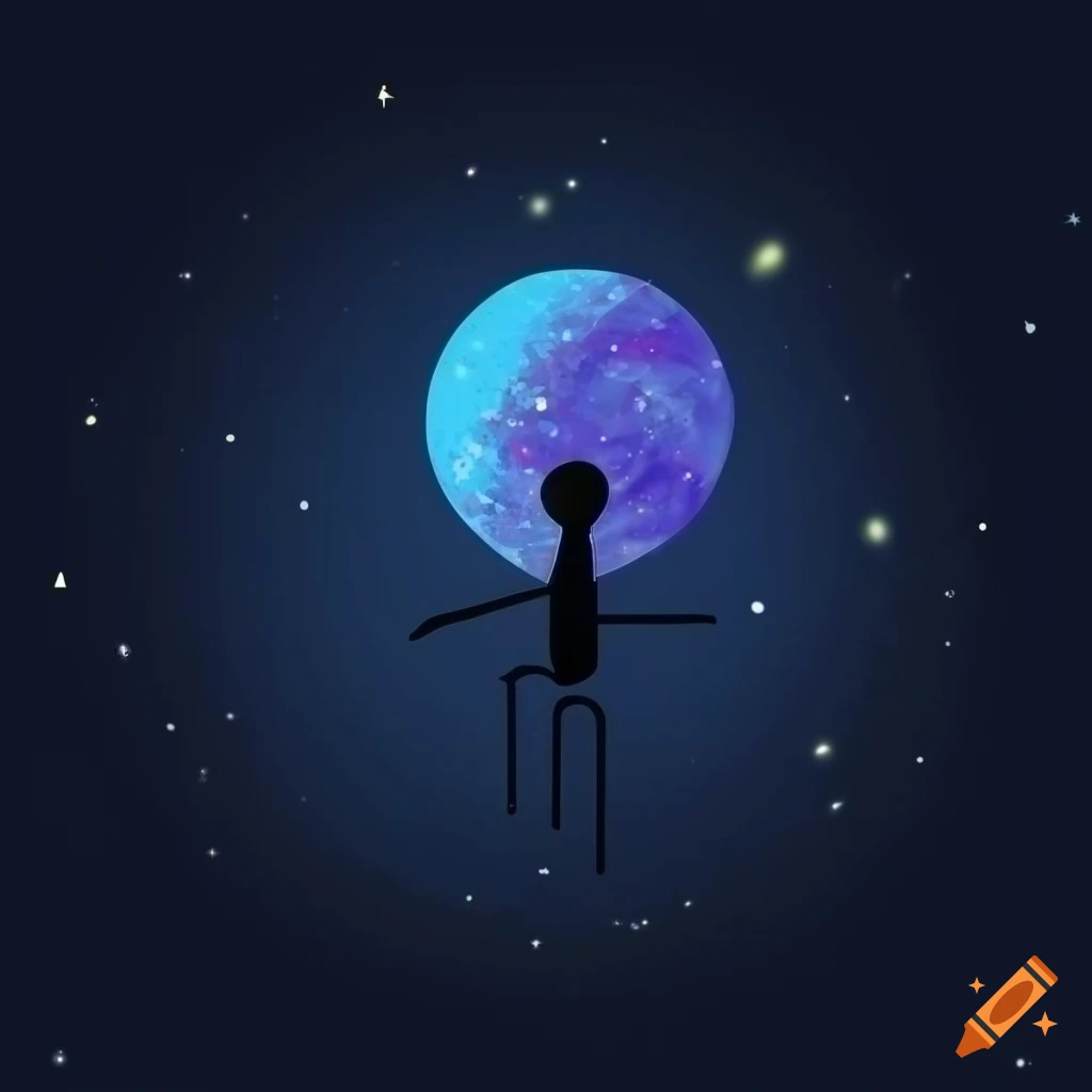 Isometric black stick figure with galaxies in the background on Craiyon