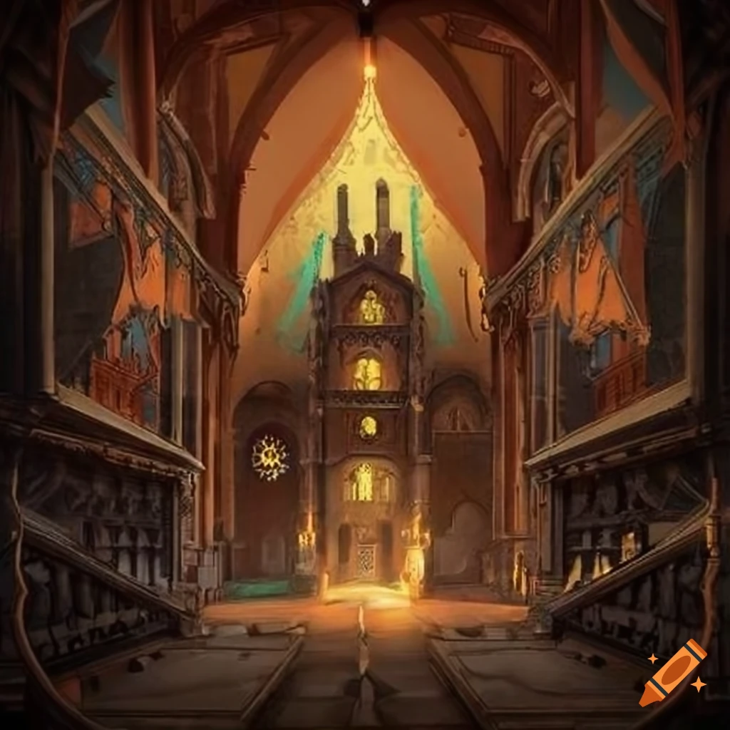 Steampunk guildhall with colored banners in a fantasy art style on Craiyon