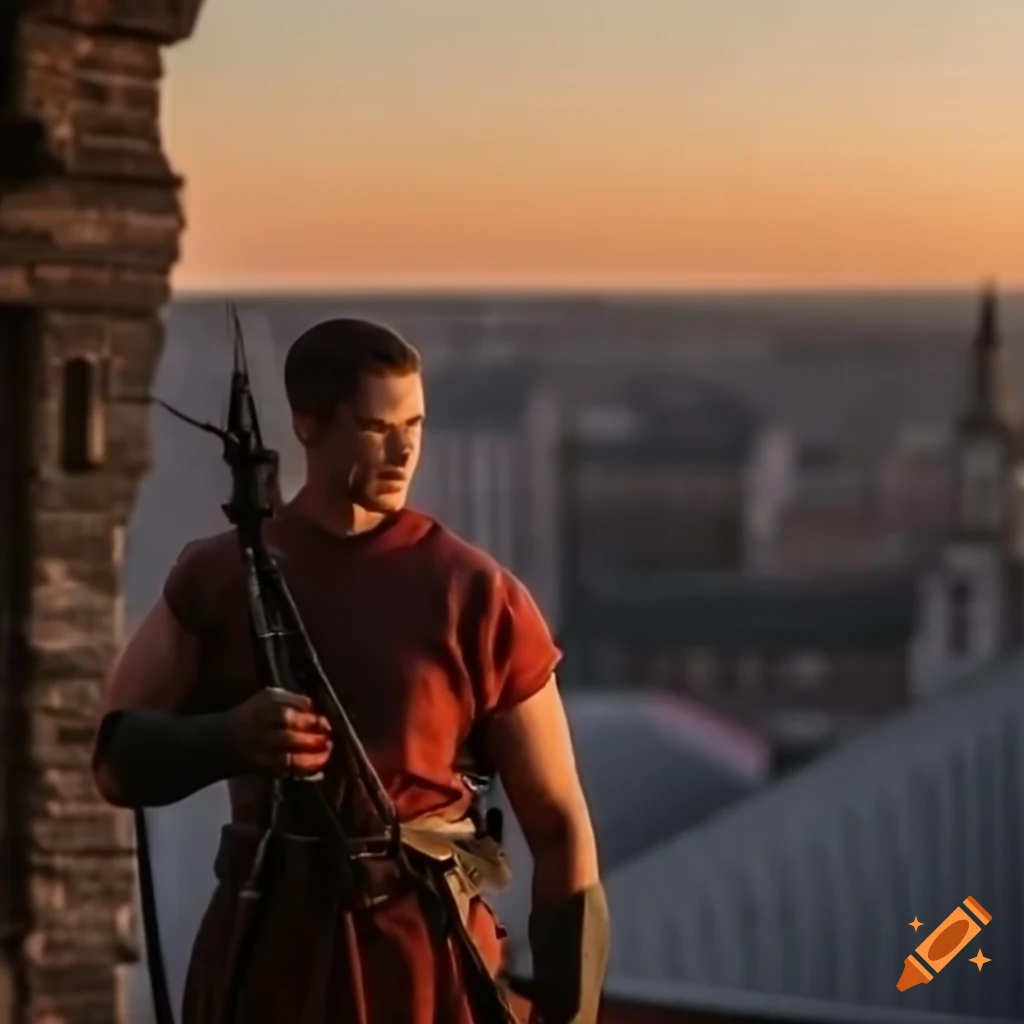 Heroic archer standing on castle rooftop at sunset on Craiyon