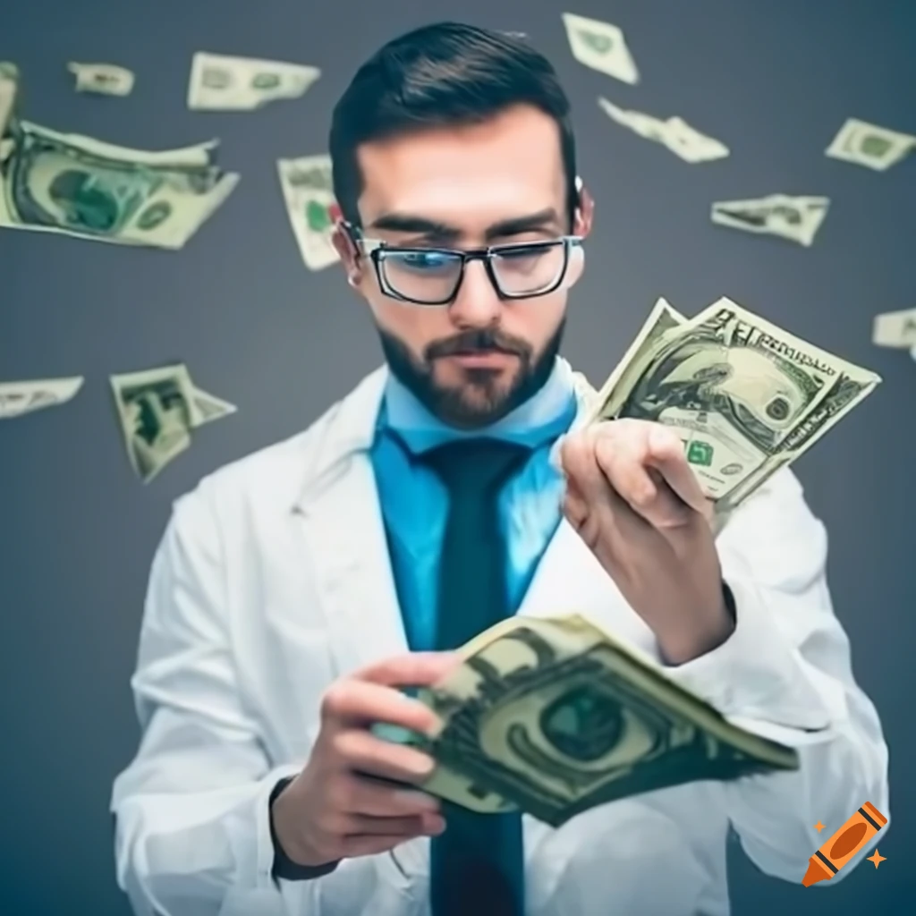 Modern investigator examining a pile of money on Craiyon