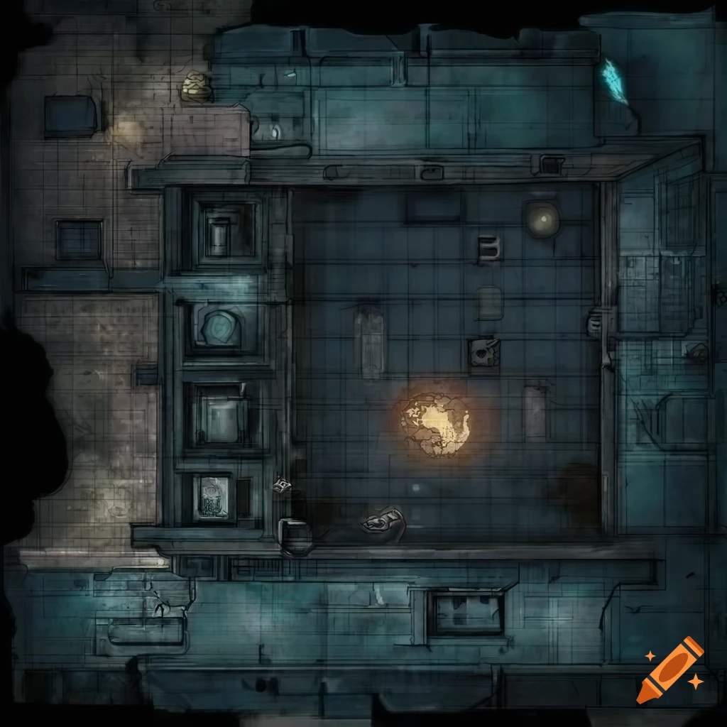 Battle map warehouse in a dark and futuristic sci-fi setting on Craiyon