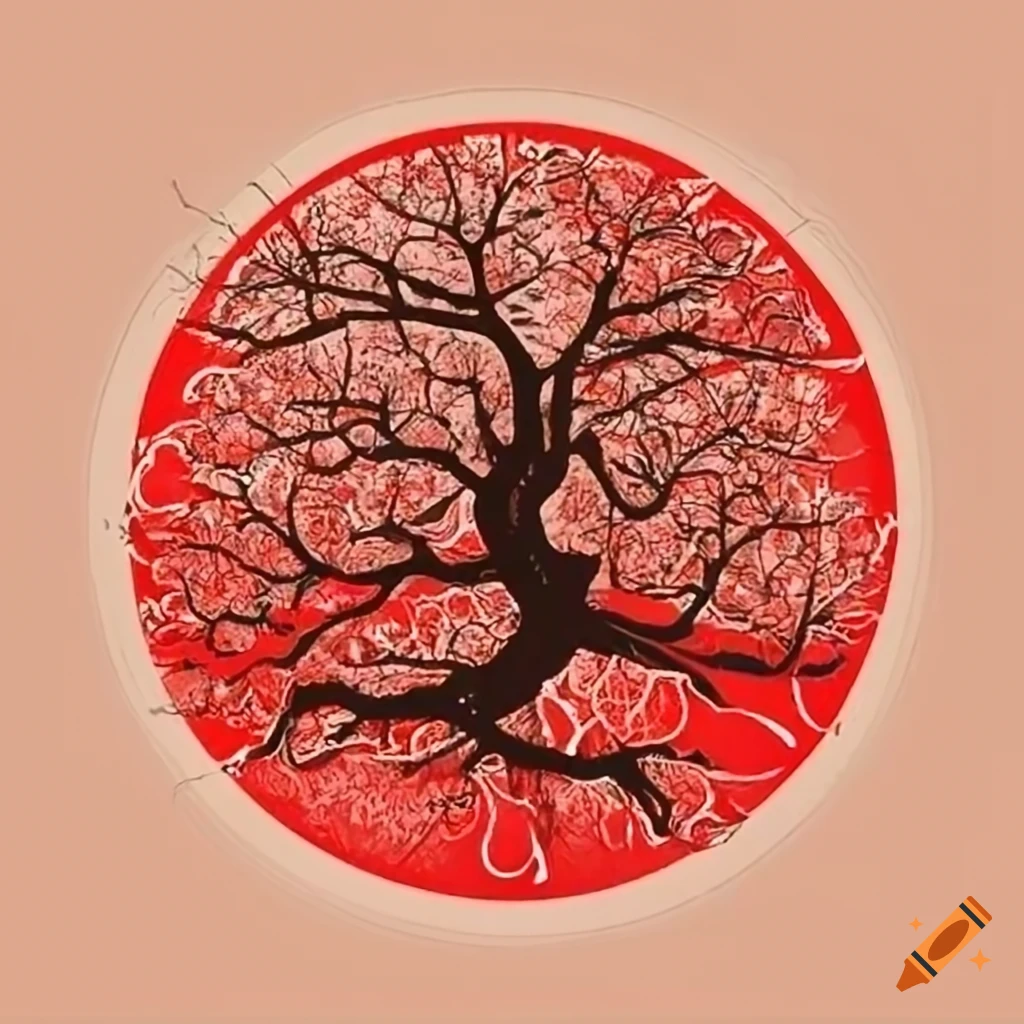 Ancient Japanese style tree with a red sun in the background on Craiyon