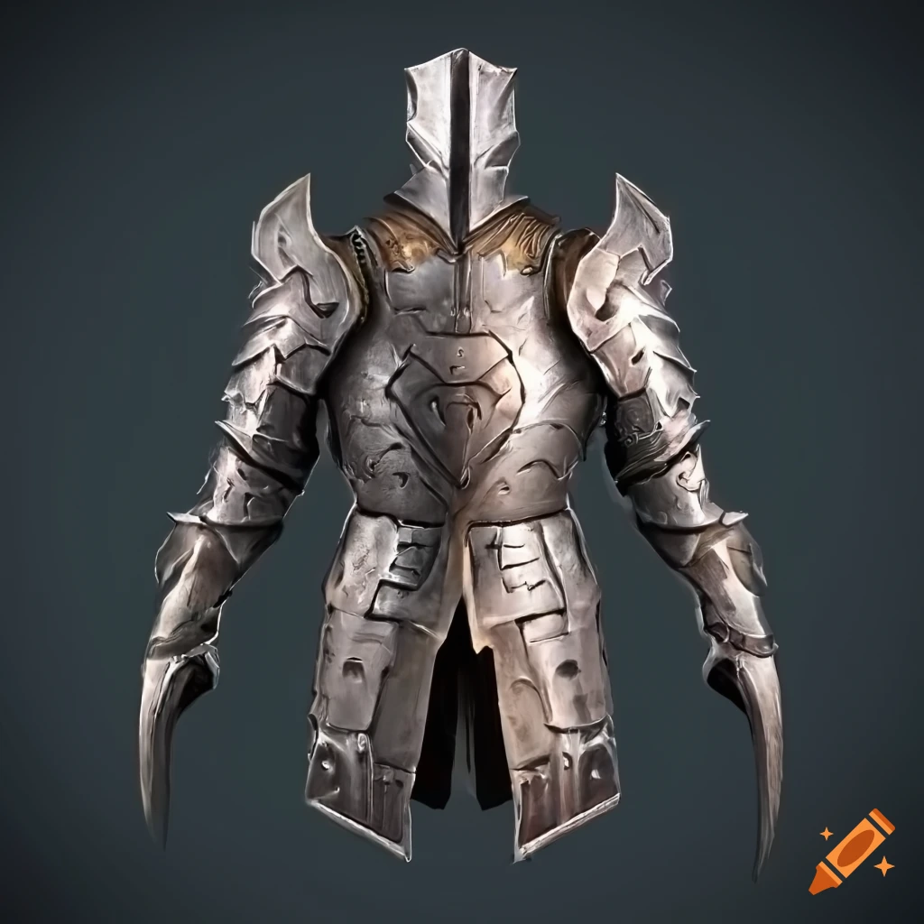 Shiny steel magic fantasy master armor with symmetrical front view on Craiyon