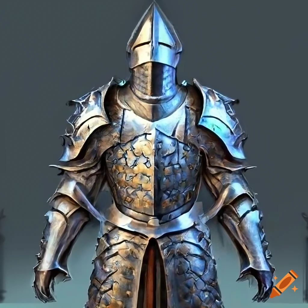 Shiny magic fantasy master armor made of steel, front view on Craiyon
