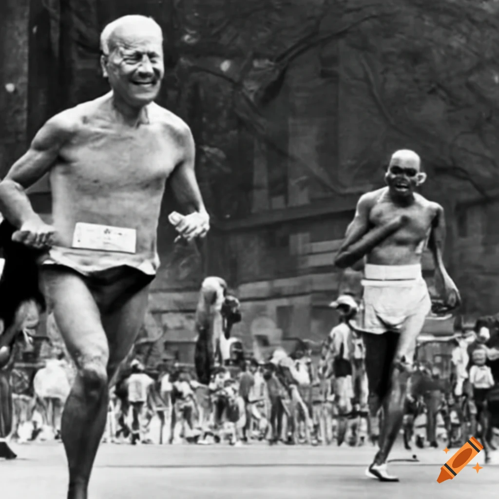 President biden and mahatma gandhi running in an olympic marathon on ...