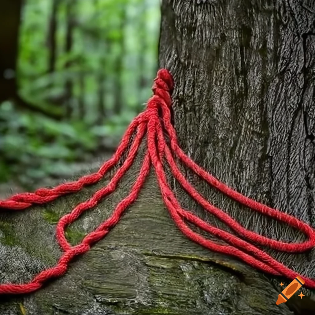 Red rope shaped like a spider web in a forest on Craiyon