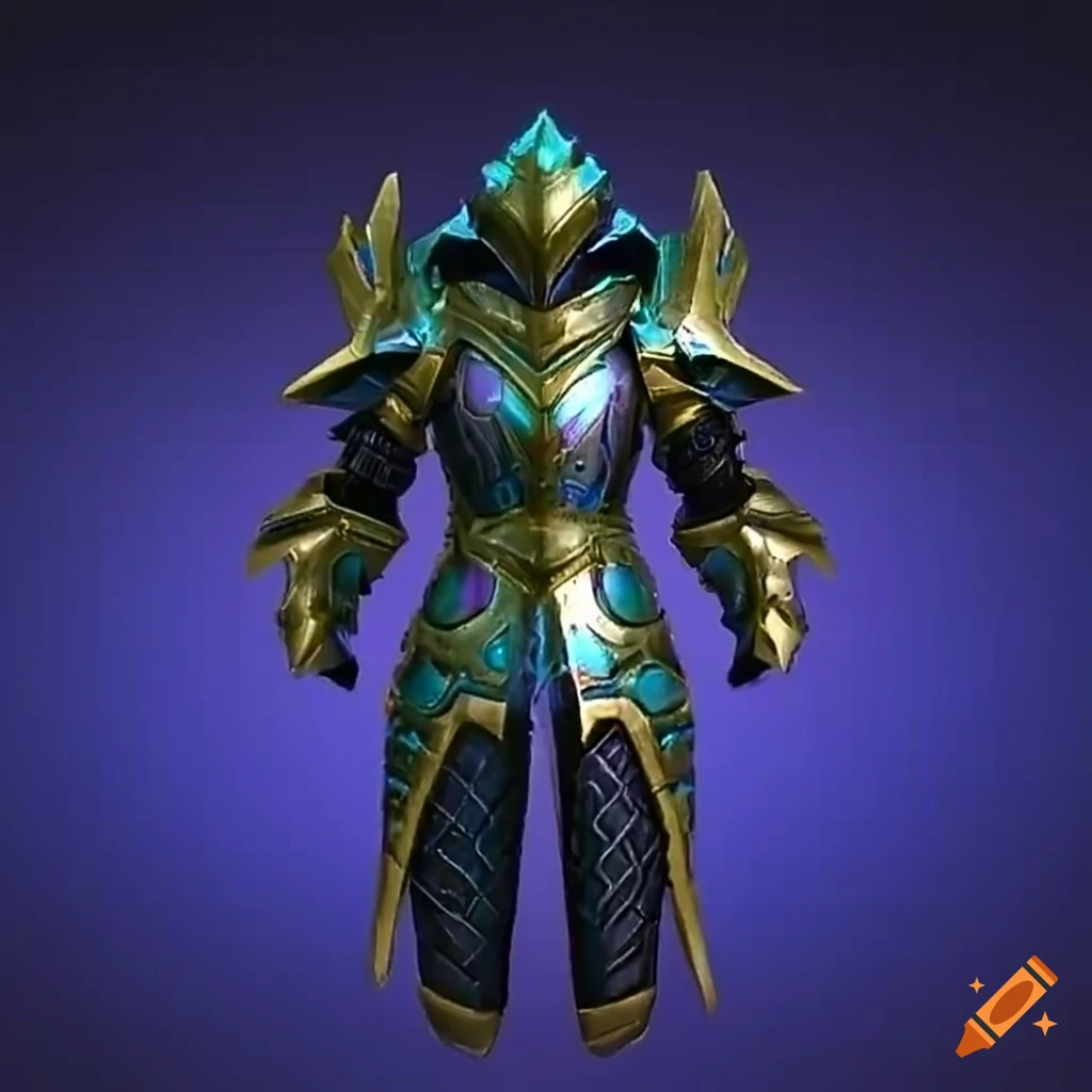 Shiny master armor made of steel in a symmetrical front view on Craiyon