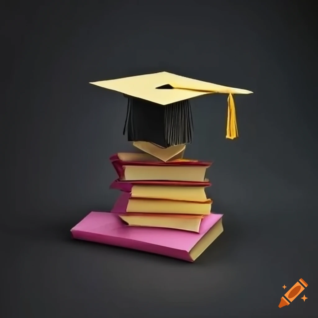 Origami graduation caps over books and journals display on Craiyon