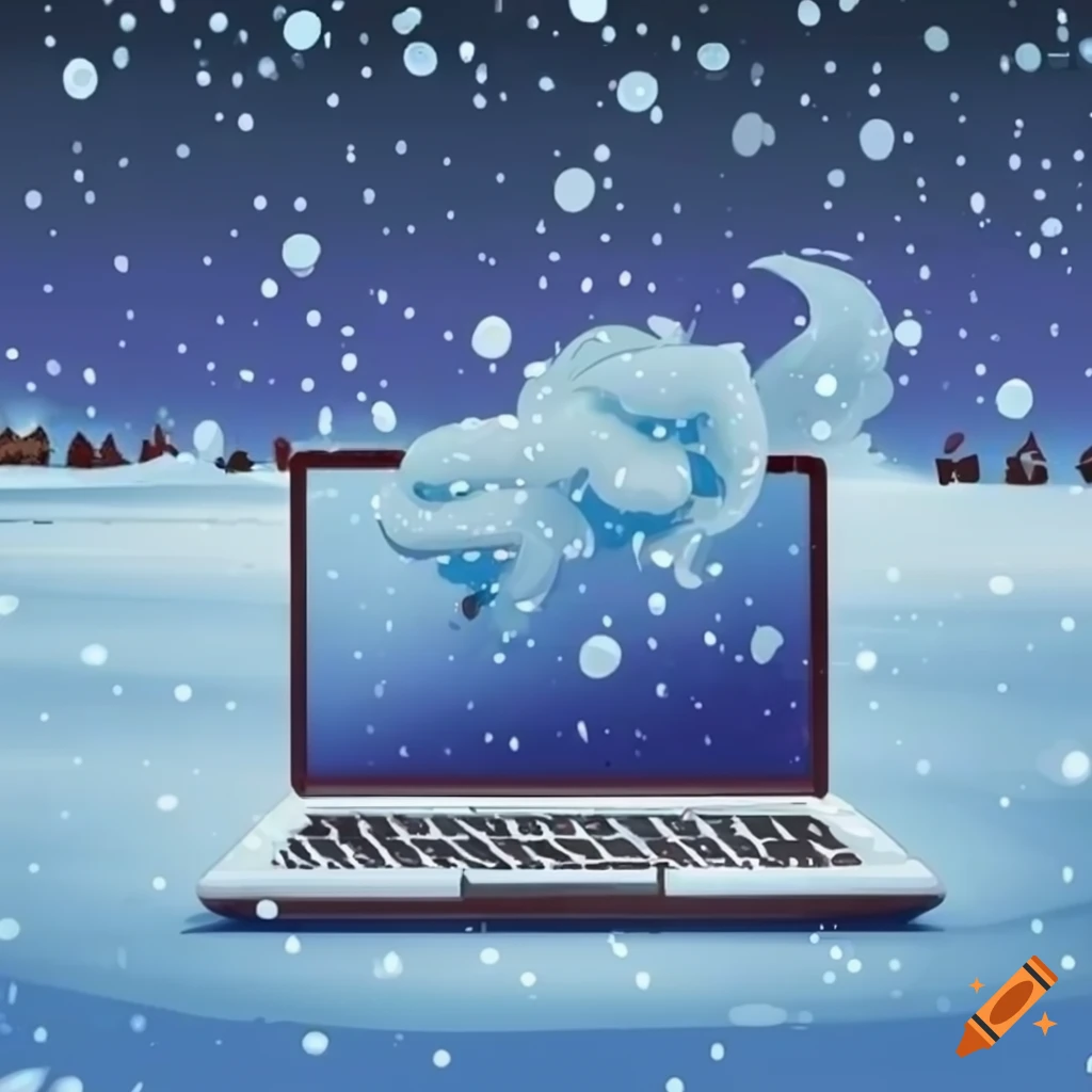 Cartoon laptop in a snow storm on Craiyon