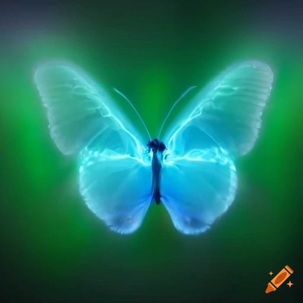 Glowing translucent butterfly with blue and white lights on a green ...