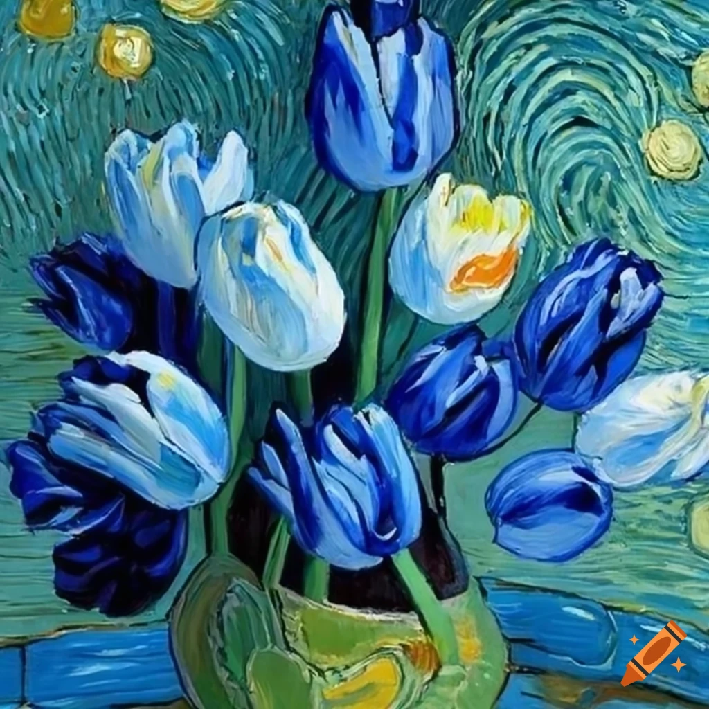 Van Gogh style painting of blue tulips on Craiyon