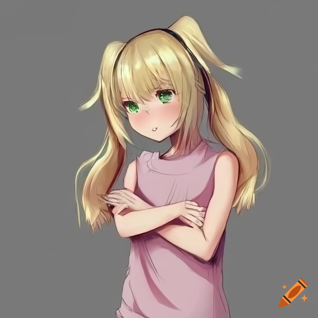 Anime Girl With Blonde Hair And Green Eyes In A Pink Sleeveless T Shirt With Arms Crossed On Craiyon