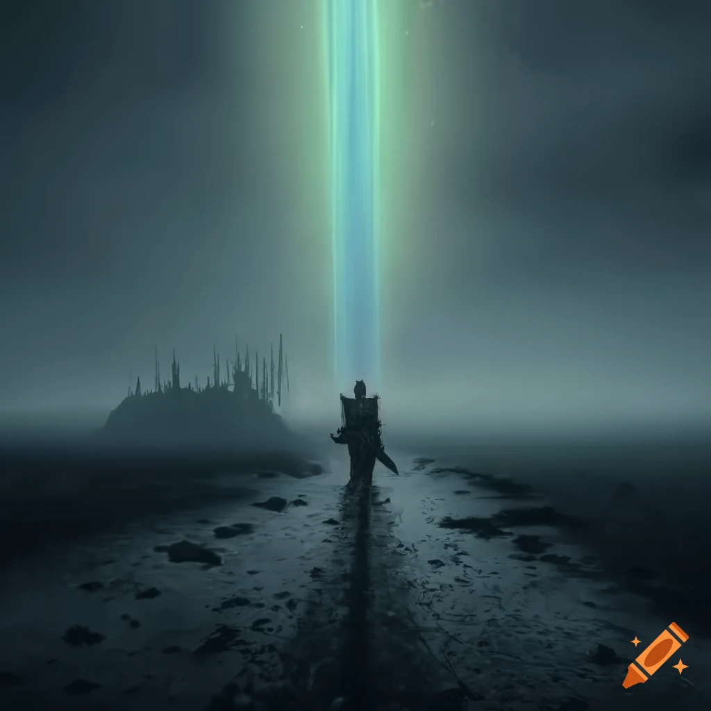 Desolate dark battlefield with scattered weapons and a lone path under ...