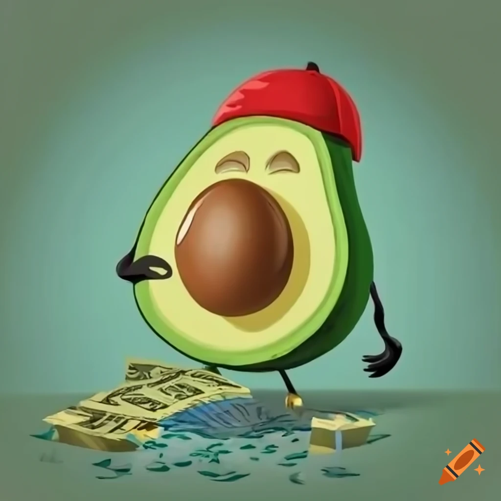 Cartoon avocado with money bags and spilled dollar bills on Craiyon