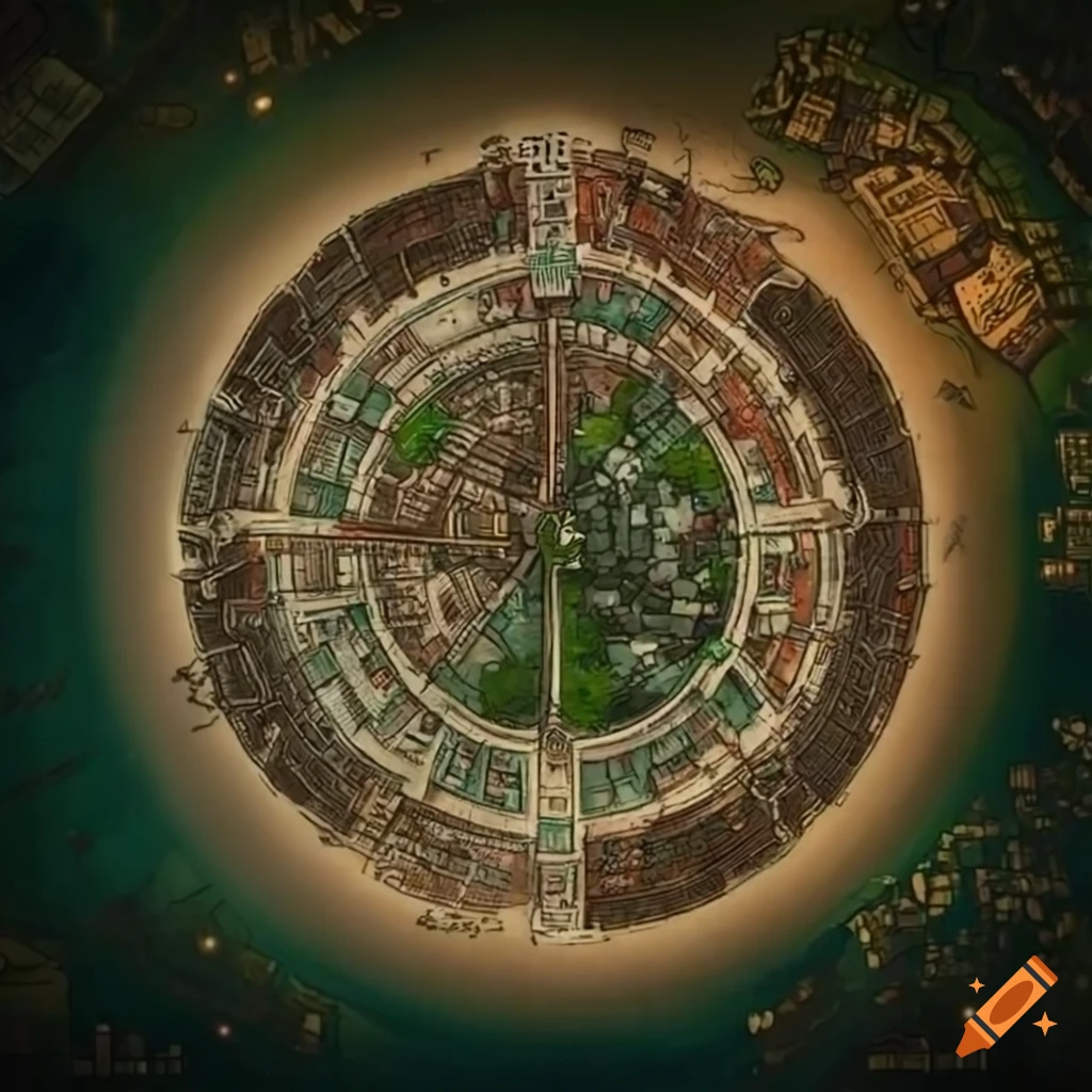 Circular fantasy city map with a large tree in the center on Craiyon