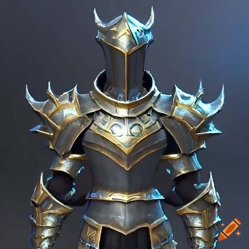 Shiny master armor made of steel in a symmetrical front view on Craiyon