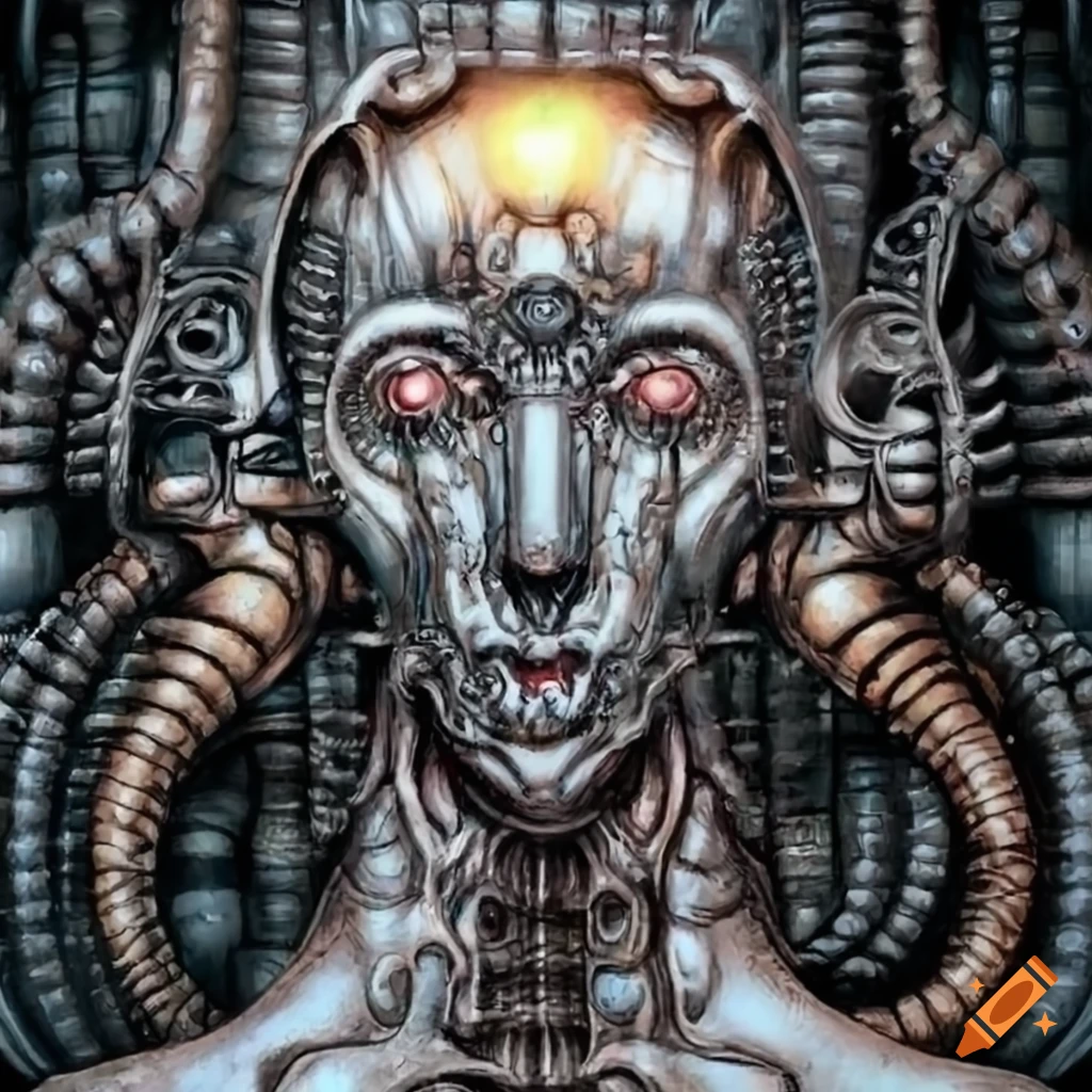 Artwork with the theme "God is a machine" in hr Giger style on Craiyon